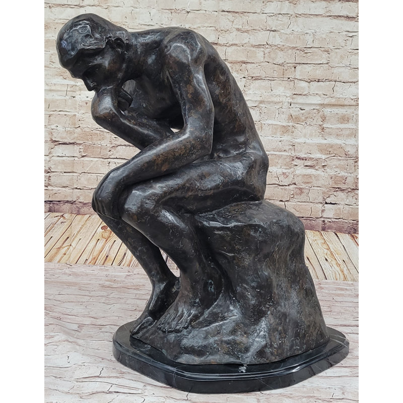 Bronzhaus The Thinker Thinking Man Auguste Rodin Bronze Statue Sculpture Replica 24" x 14" | Wayfair